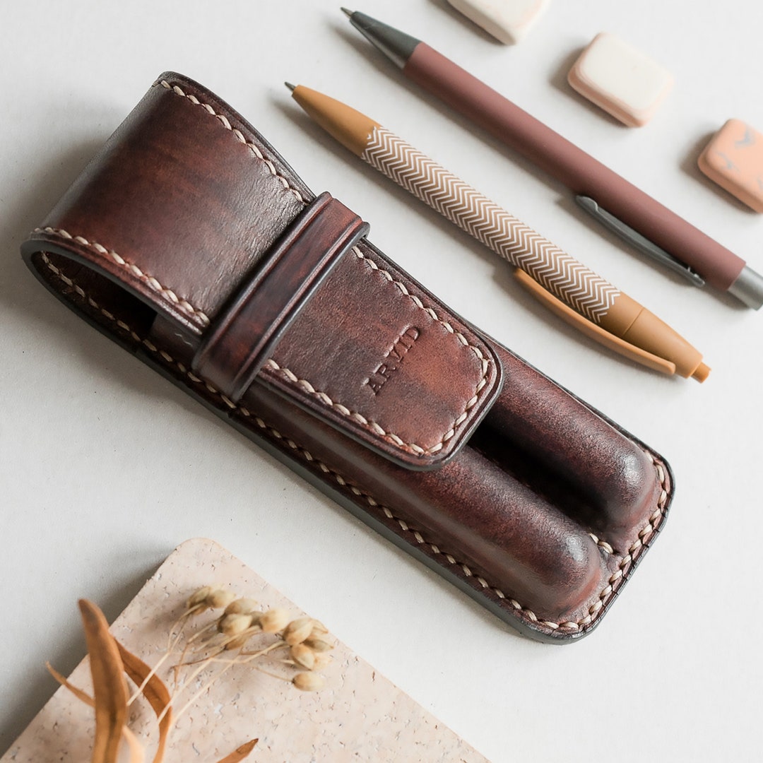 Chestnut Leather Pen Case With 2 Separate Compartments, Fountain Pen ...
