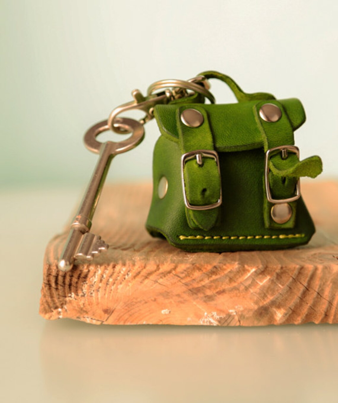 Leather Keychain Personalized Mini Keychains Green Leather | Etsy