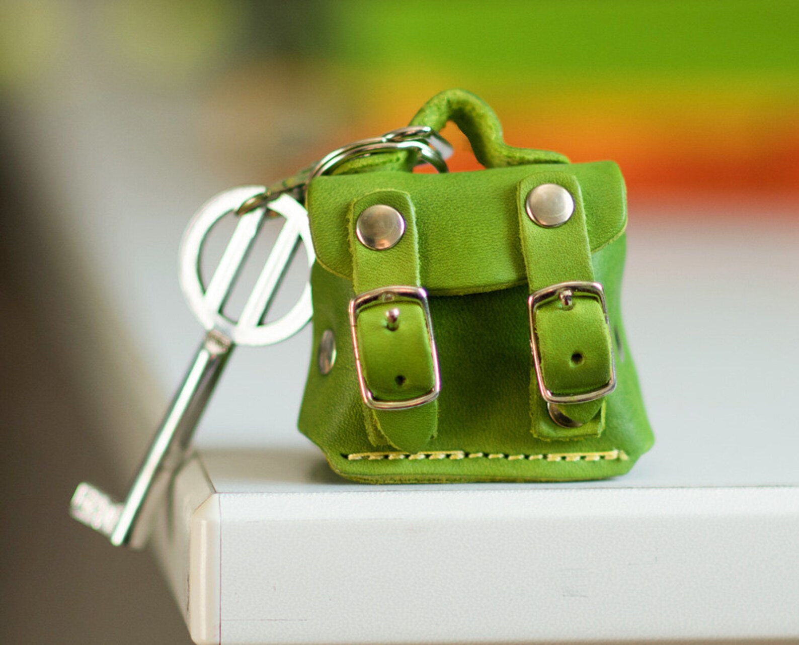 Leather Keychain Personalized Mini Keychains Green Leather | Etsy