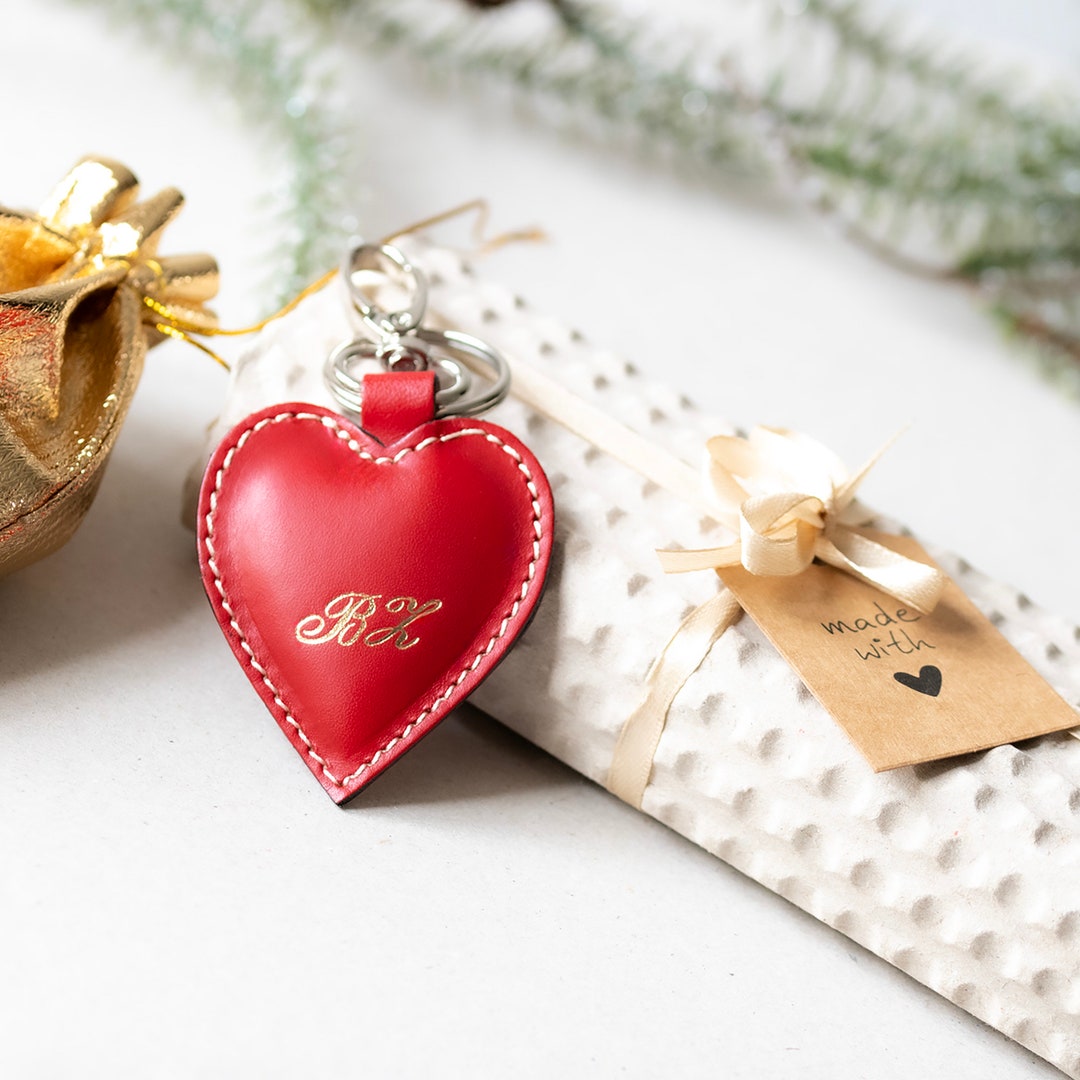 Personalized Leather Keychain Heart, Red Heart Keyring Best Gift for ...