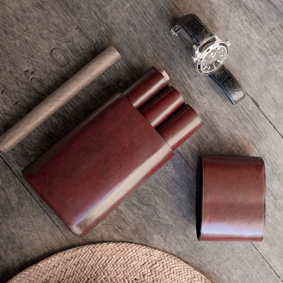 3 Cigar Travel Case Personalized Gift for Men: Full Grain Cowhide ...