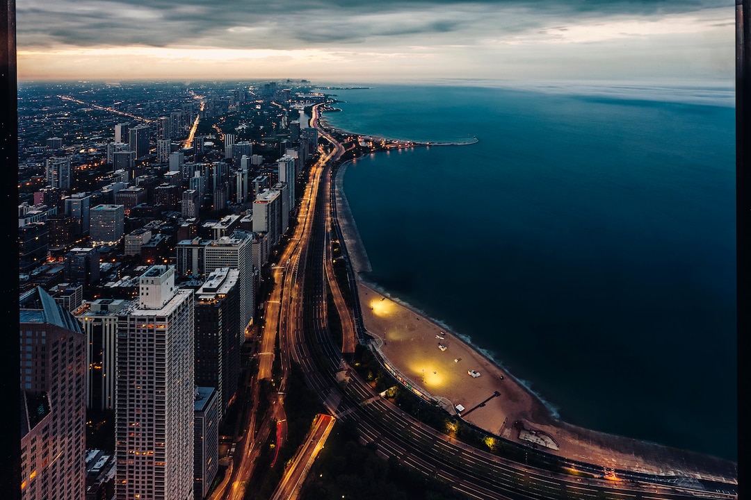 Chicago Night Scene Looking Out Over Lake Shore Drive and the Chicago ...