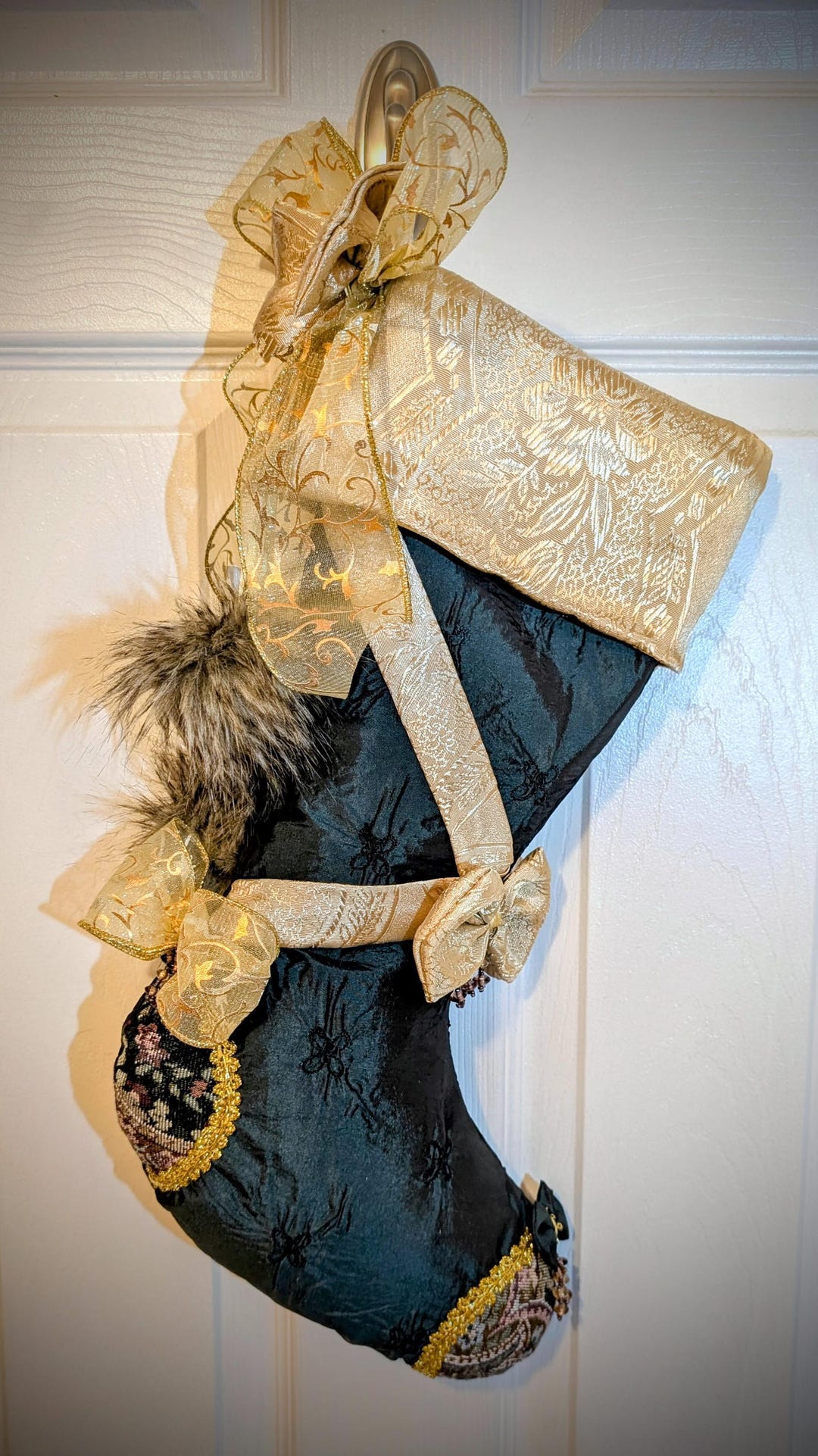 Holiday Designer Stocking in Dark Green and Gold, Christmas Stocking ...