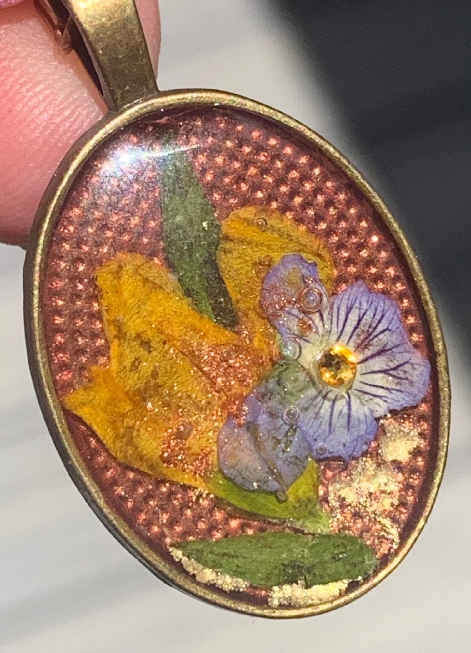 Real Viola and Forsythia Flower Handmade Pendant or Charm Set in Metal ...