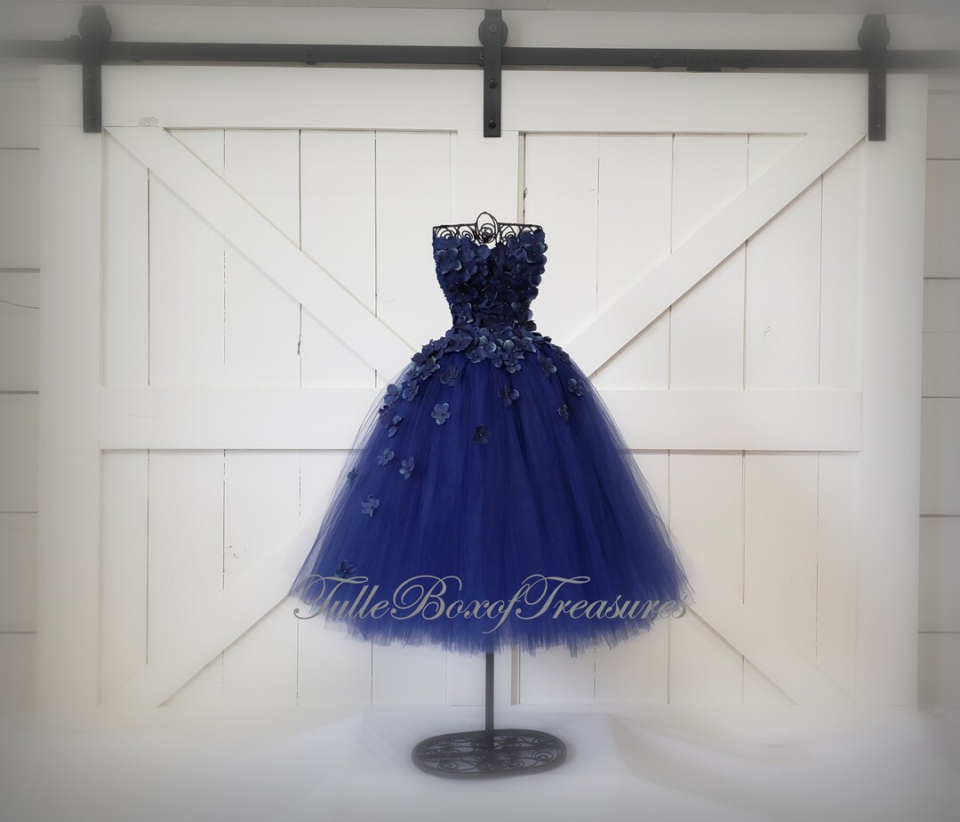 Navy Blue Hydrangea Tulle Dress, Strapless/unique Flower Girl Dress ...
