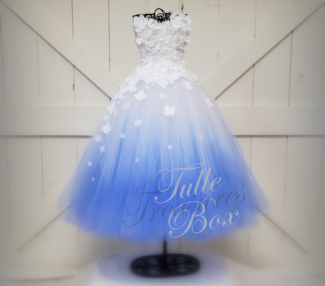 Ombre Hydrangea Tulle Flower Girl Dress: White to Blue, Single Strap - Etsy