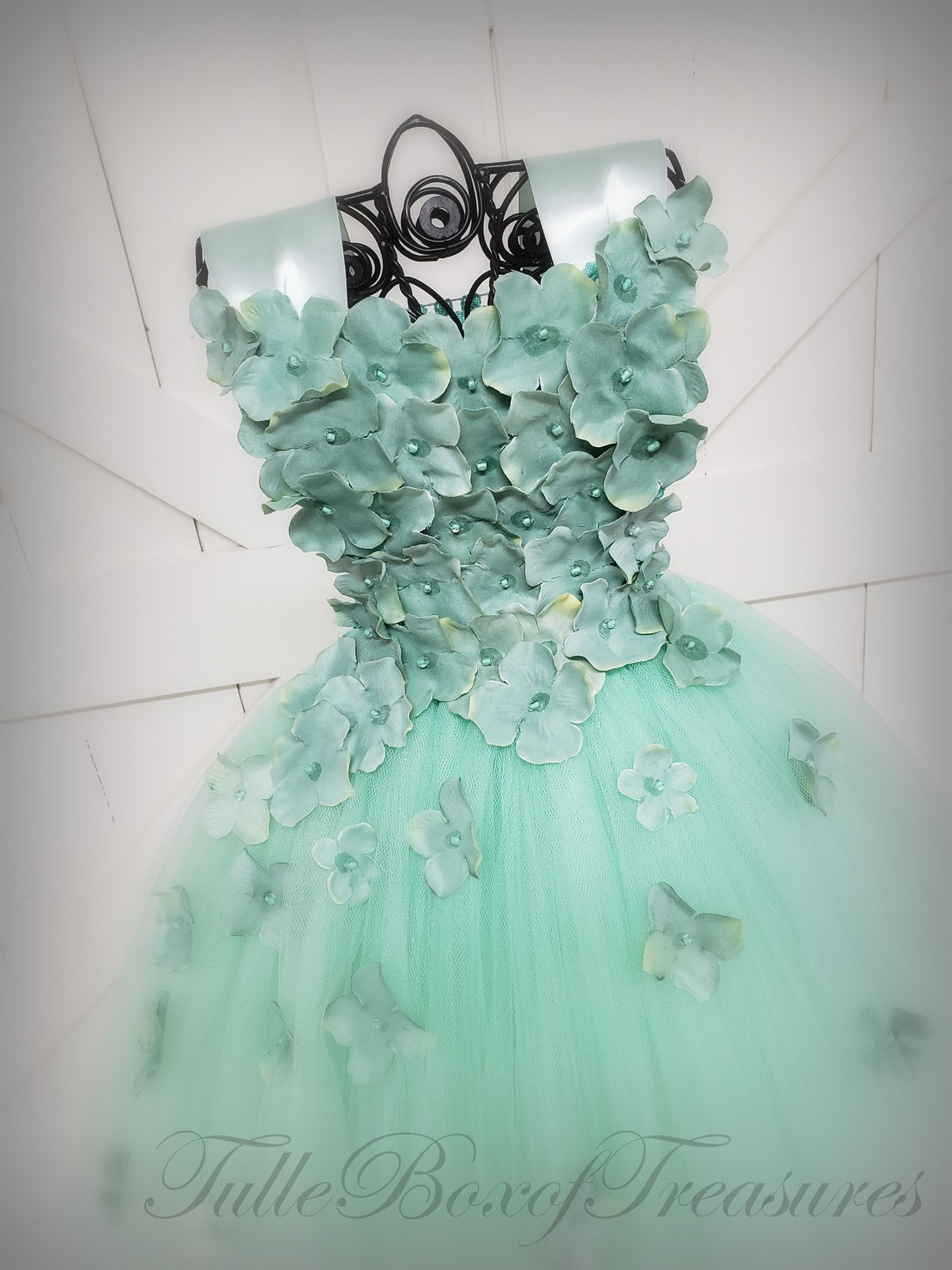Mint Hydrangea Tulle Dress With Ribbon Straps/flower Girl | Etsy
