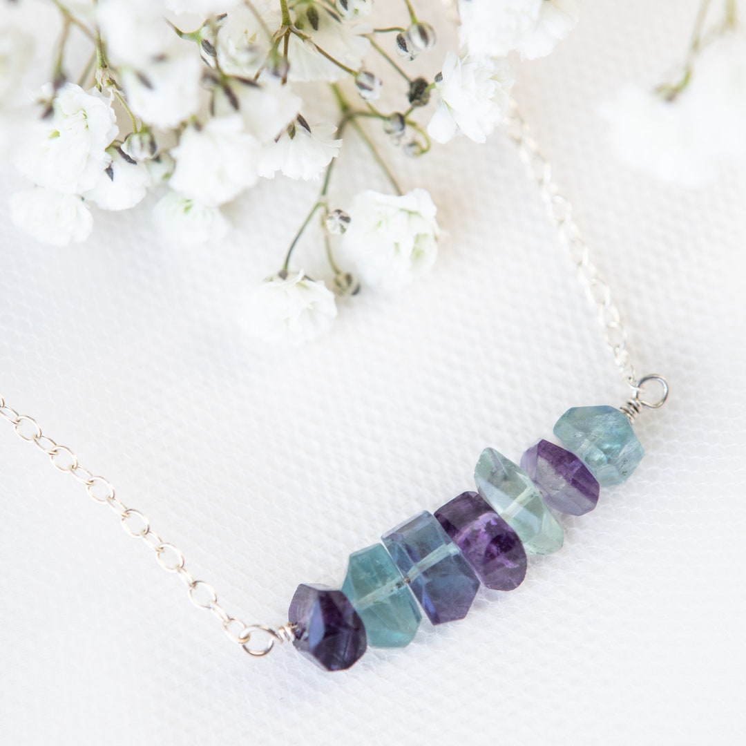 Raw Fluorite Crystal Necklace 40th Birthday Gifts for Women Rainbow Ombre Gemstone Bar Necklace