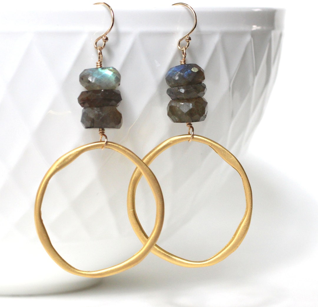 Thick Matte Gold Hoops With Chunky Labradorite Stones. Large Hoop ...