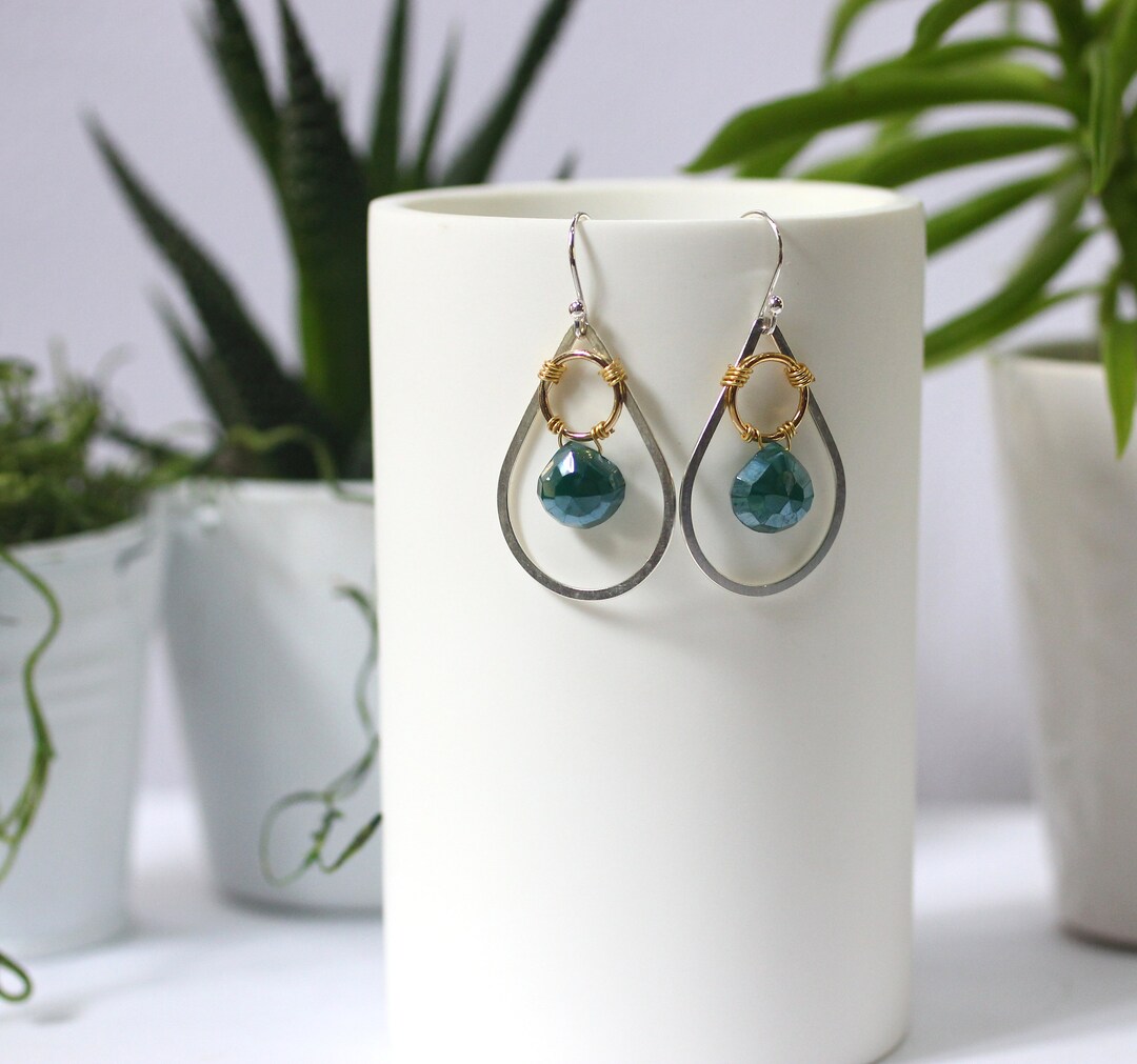 Green Onyx Mixed Metal Earrings With Dark Green Stones. Sterling Silver ...