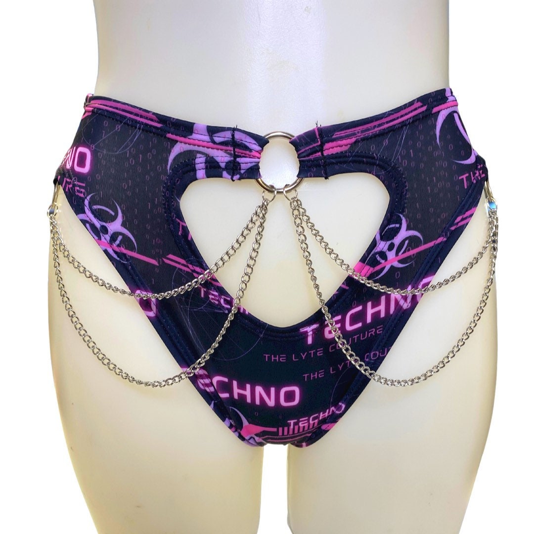 Pink Techno High Waisted High Cut Chain Bottoms Wit Cut Out Festival