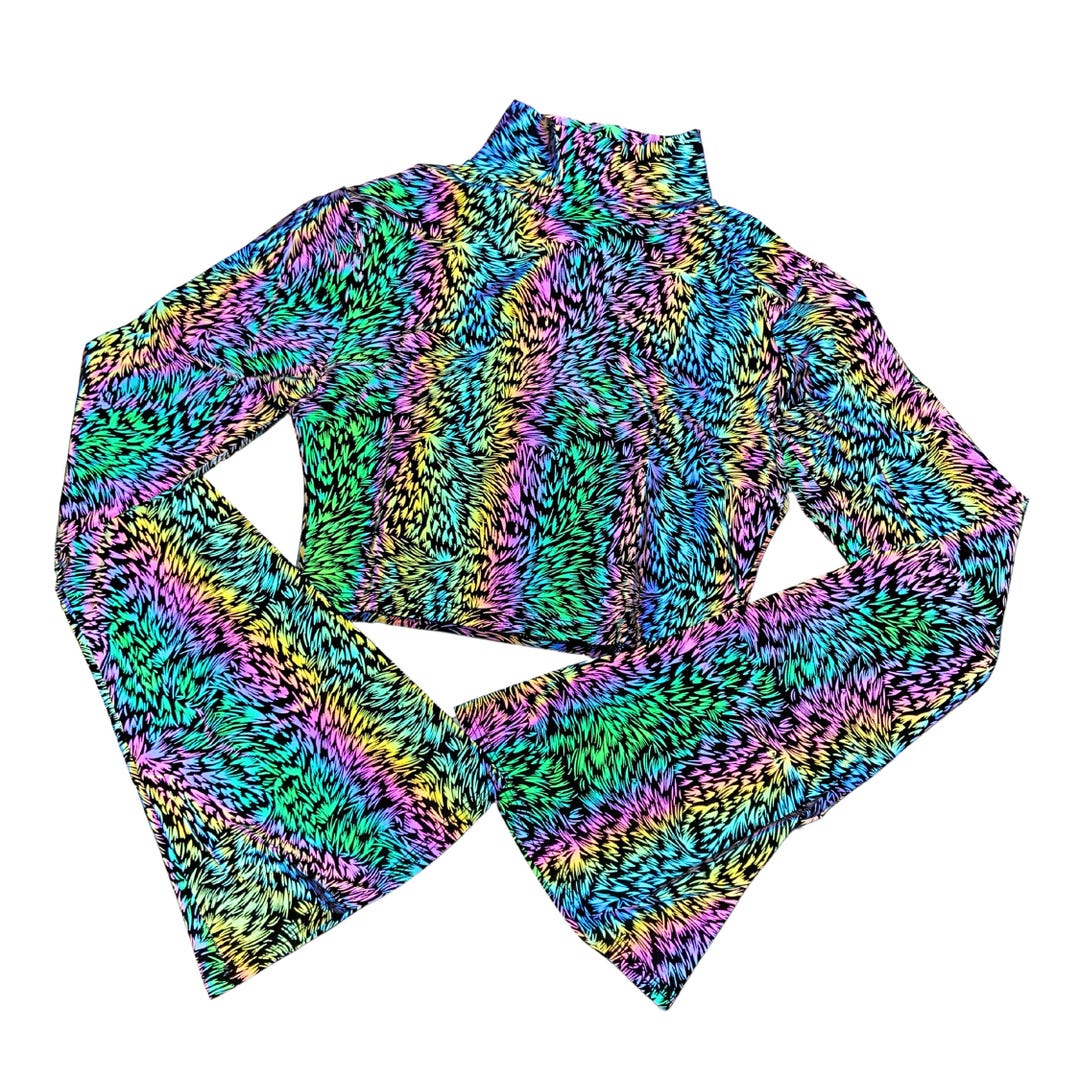 RAINBOW KITTY | REFLECTIVE | Mock Neck Bell Sleeve Top, Women's ...