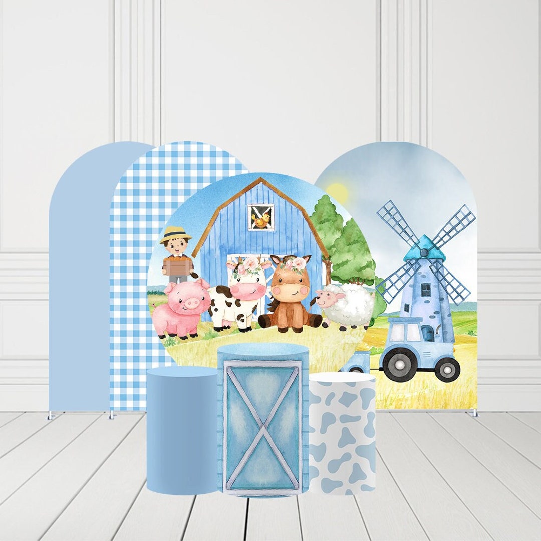 Round Backdrop Covers Cows Barn Farm Blue Birthday Party Arch ...