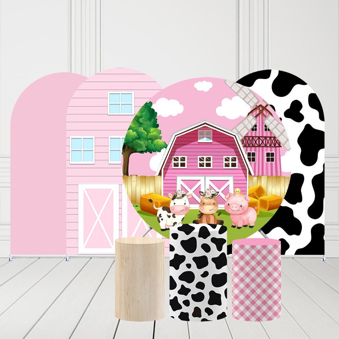 Arch Backdrop Covers,pink Barn Farm Birthday Party Cows Arches Fabric ...