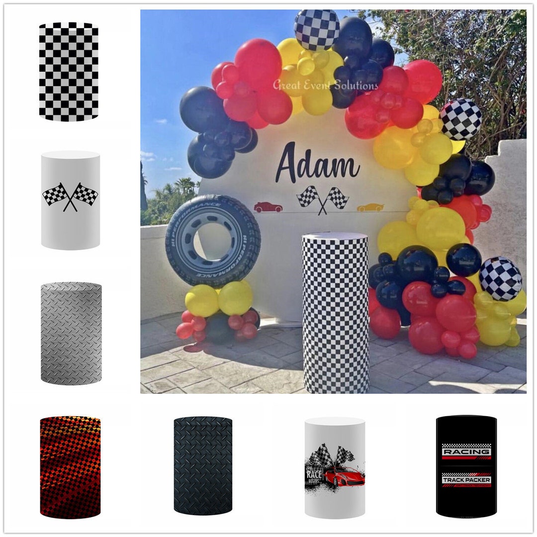 Racing Car Cylinder Covers, Checkered Flags Pedestal Stand Fabric ...