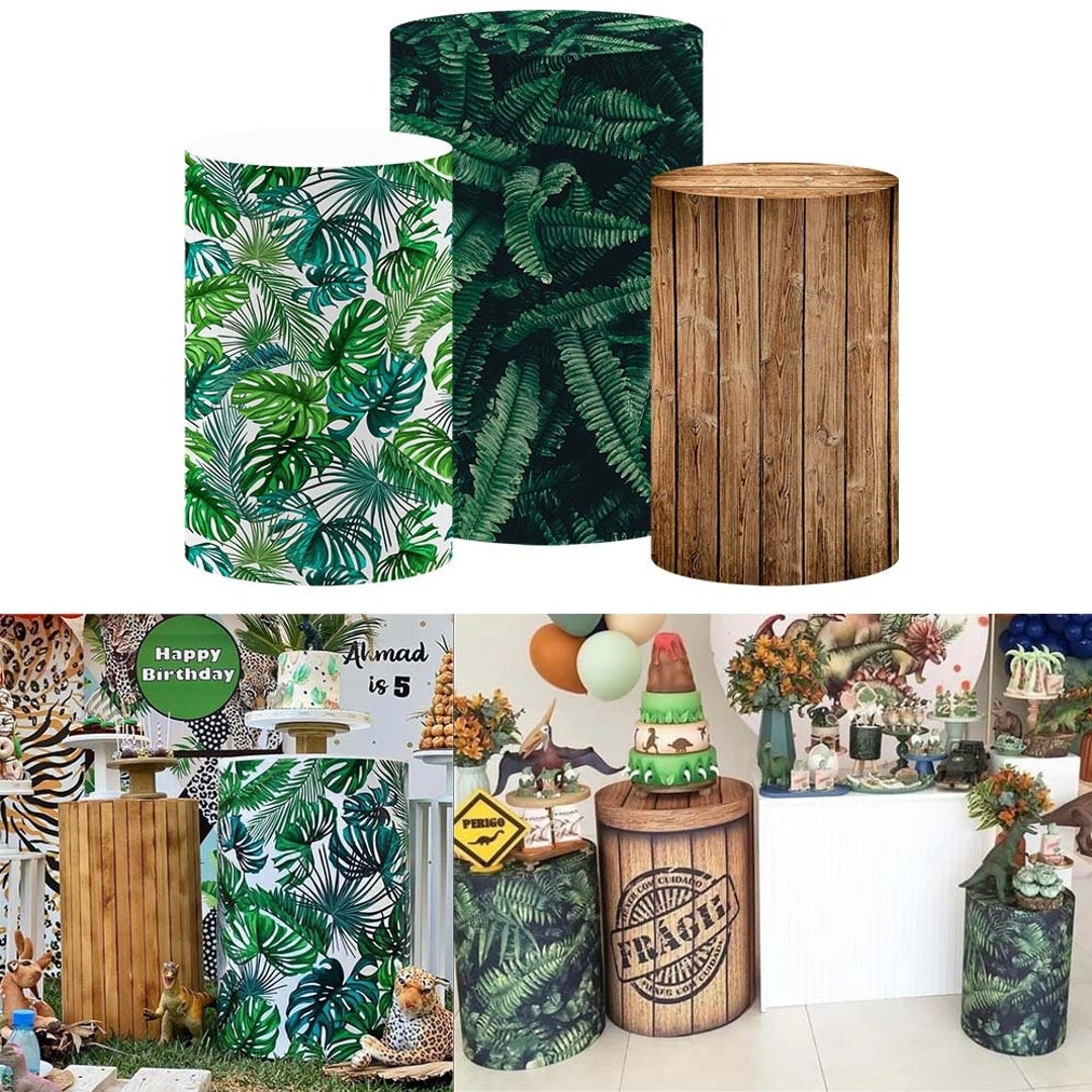 Cylinder Covers for Jungle Safari Dino Birthday Party Green Leaves Wooden Pedestal Stand Covers ...