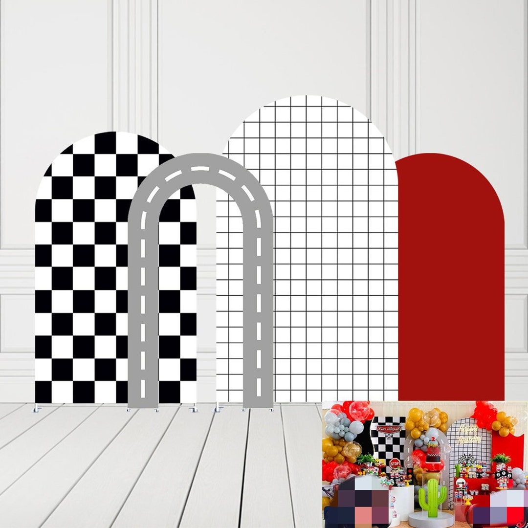 Plaids Checkered Arch Backdrop Stand Covers Racing Car Track Birthday ...