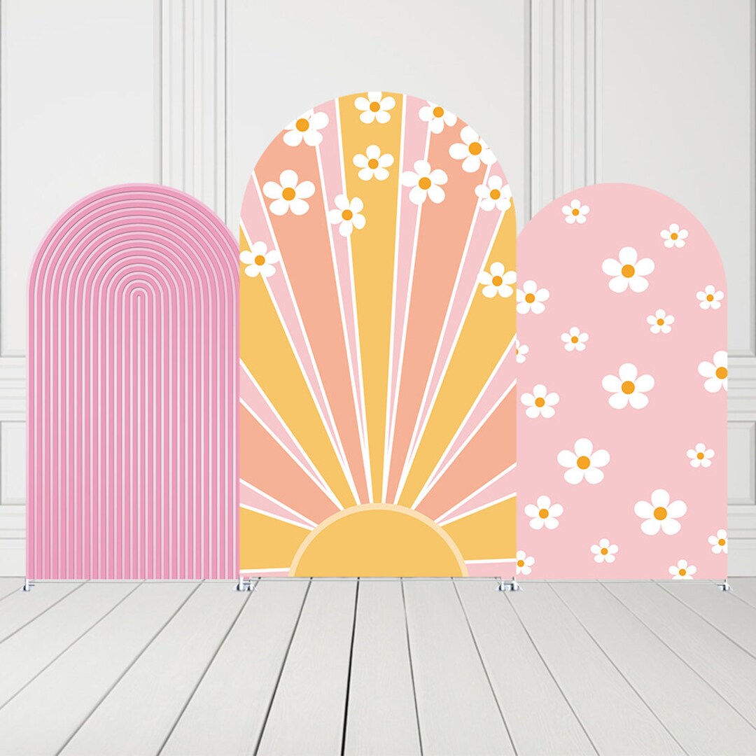 Daisy Flowers Birthday Party Arch Backdrop Covers Pink Ripples Floral ...