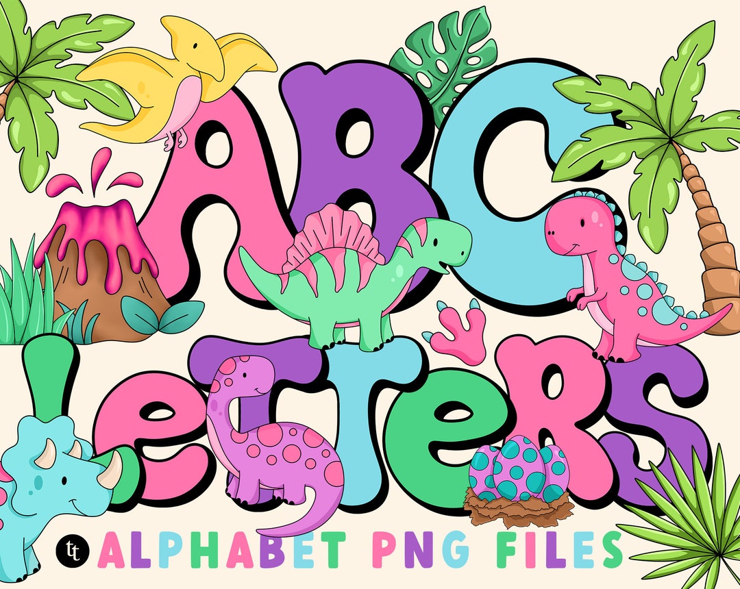 Dinosaur Retro Alphabet Set With Clipart PNG Files Pink Dino Boho ...
