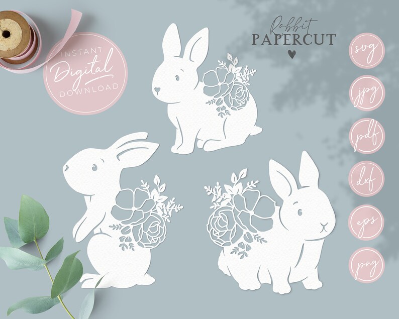 Floral Rabbits X 3 Papercut Template Machine Cut Cricut - Etsy