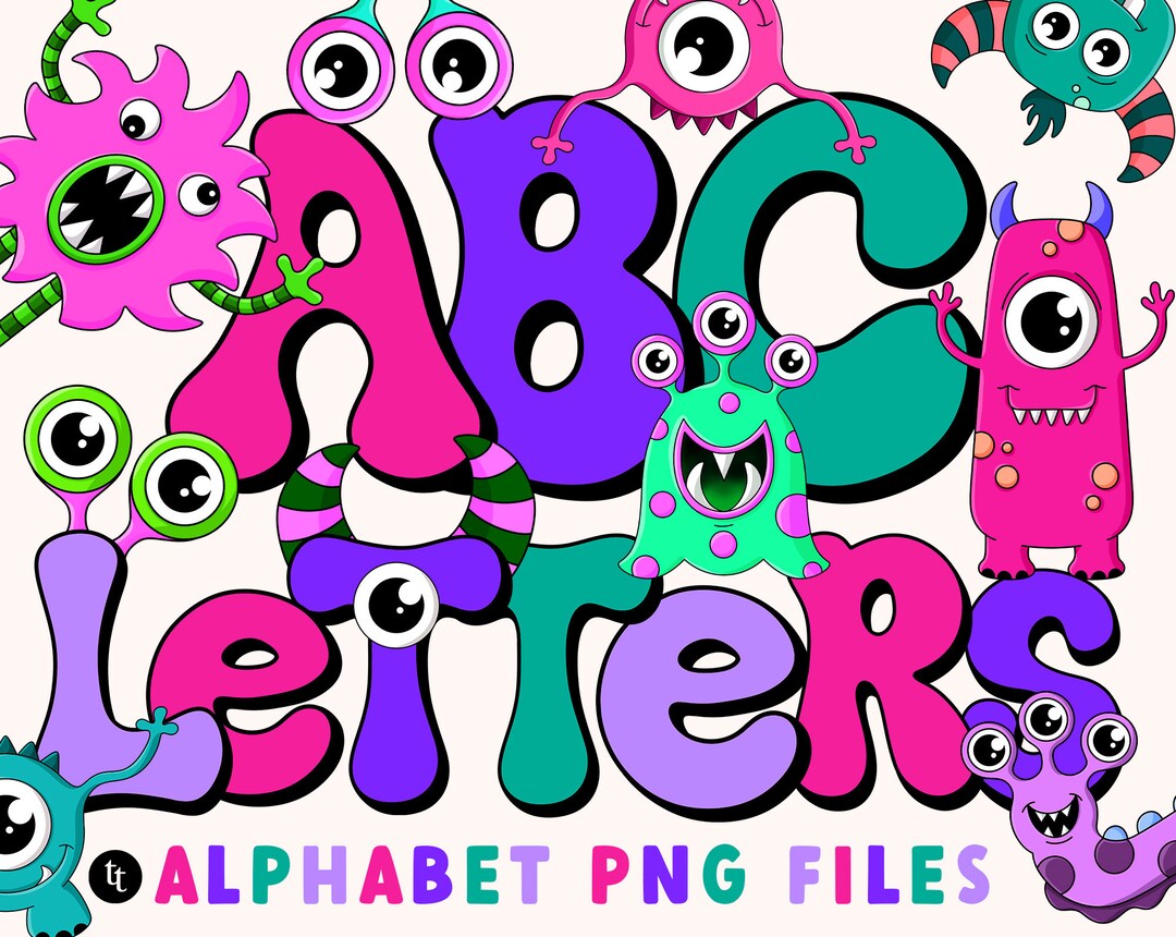 Monster Retro Alphabet Set With Clipart PNG Files Pink Monster Boho ...