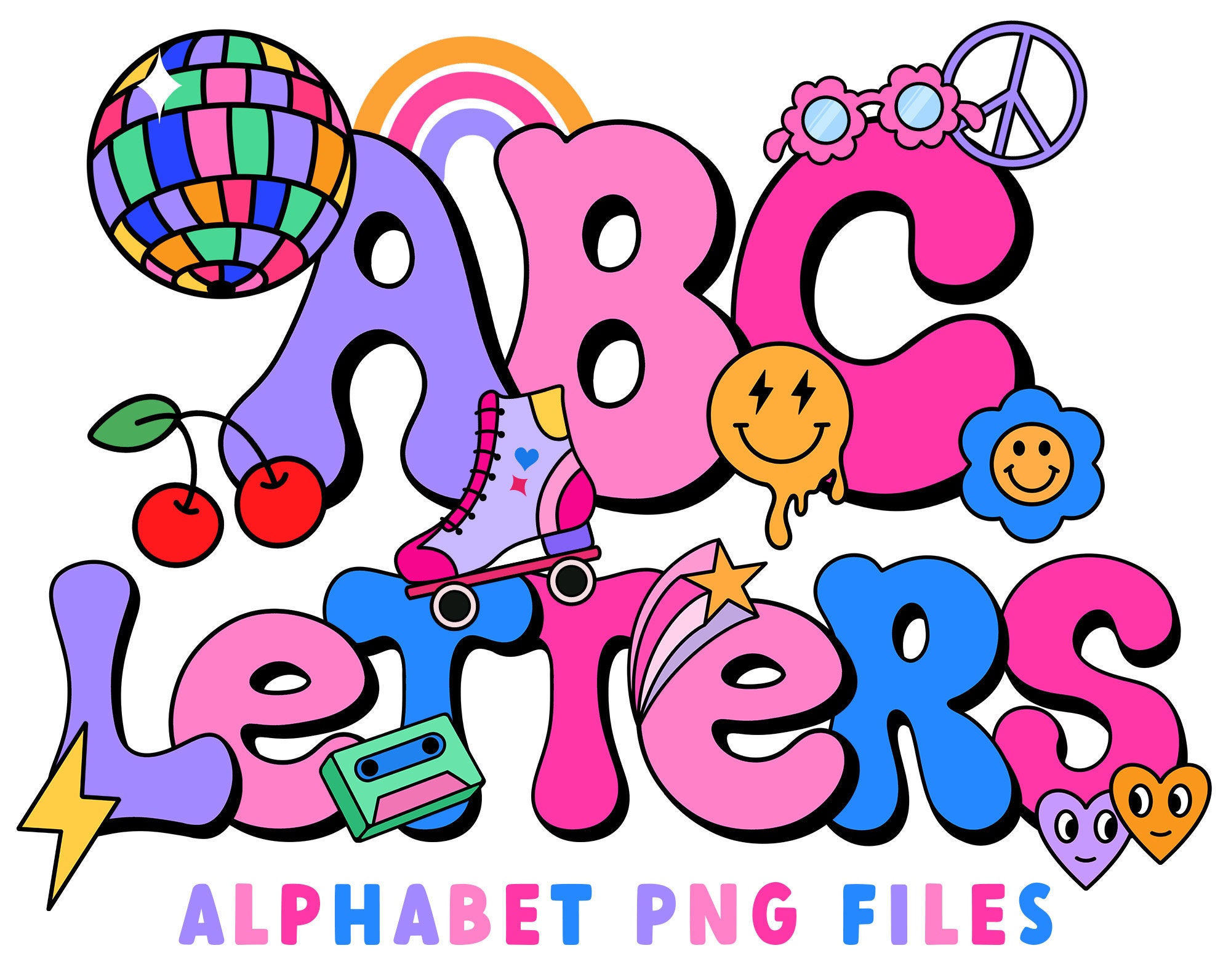 Groovy Retro Alphabet Set With Clipart PNG Files 90s 60s - Etsy UK