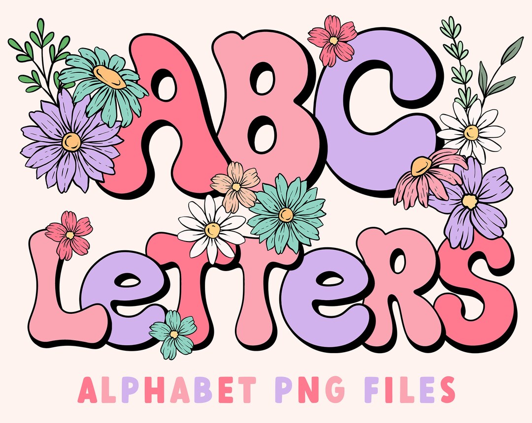Pastel Floral Retro Alphabet Set With Clipart PNG Files Retro Doodle ...
