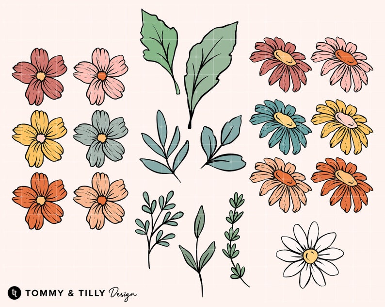 Boho Floral Retro Alphabet Set With Clipart PNG Files - Etsy