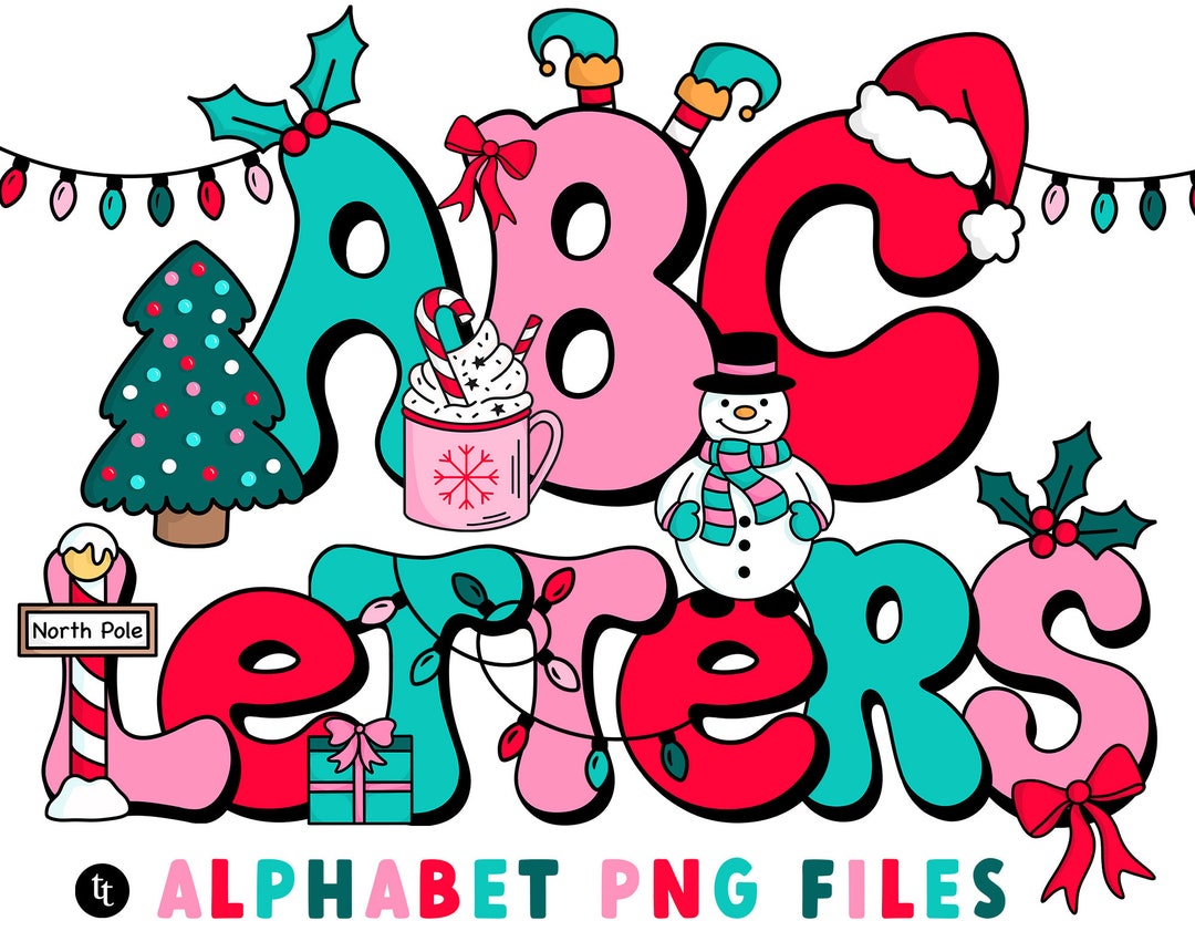 Christmas Retro Alphabet Set With Clipart PNG Files Retro Doodle ...