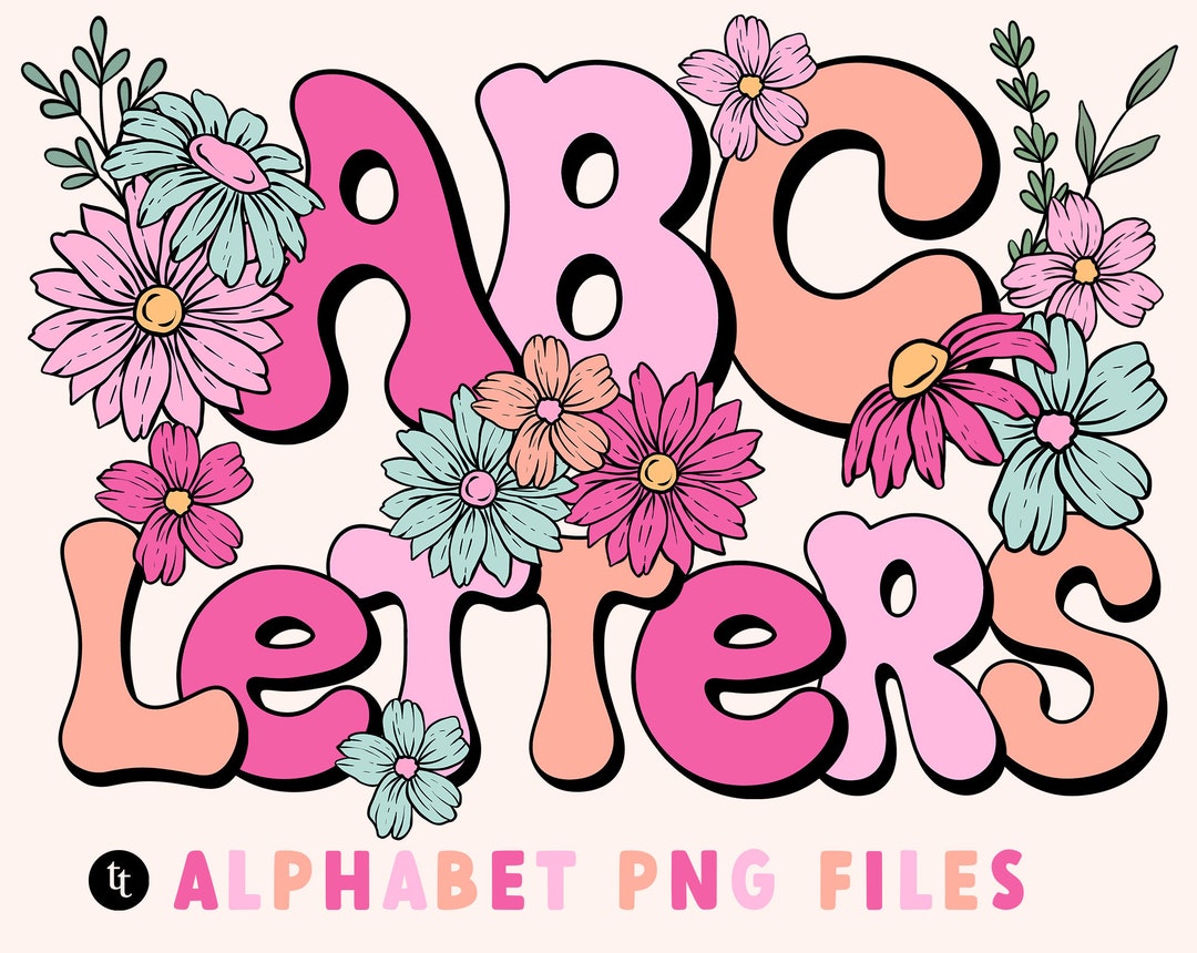 Pink Floral Retro Alphabet Set With Clipart PNG Files Retro Doodle ...