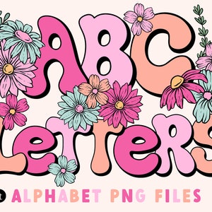 Pink Floral Retro Alphabet Set With Clipart PNG Files Retro Doodle ...