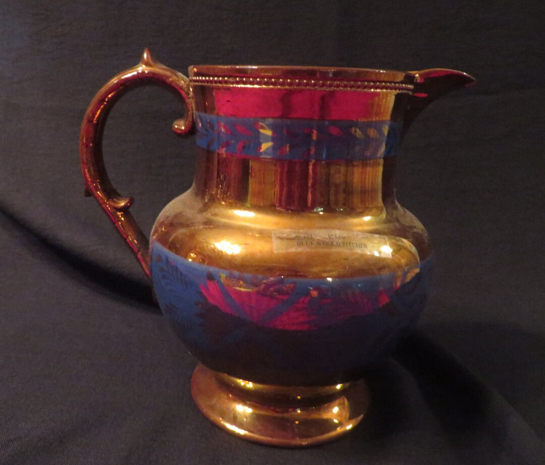 Vintage Pitcher, Ceramic Pitcher Gold and Blue With Leaf Pattern - Etsy