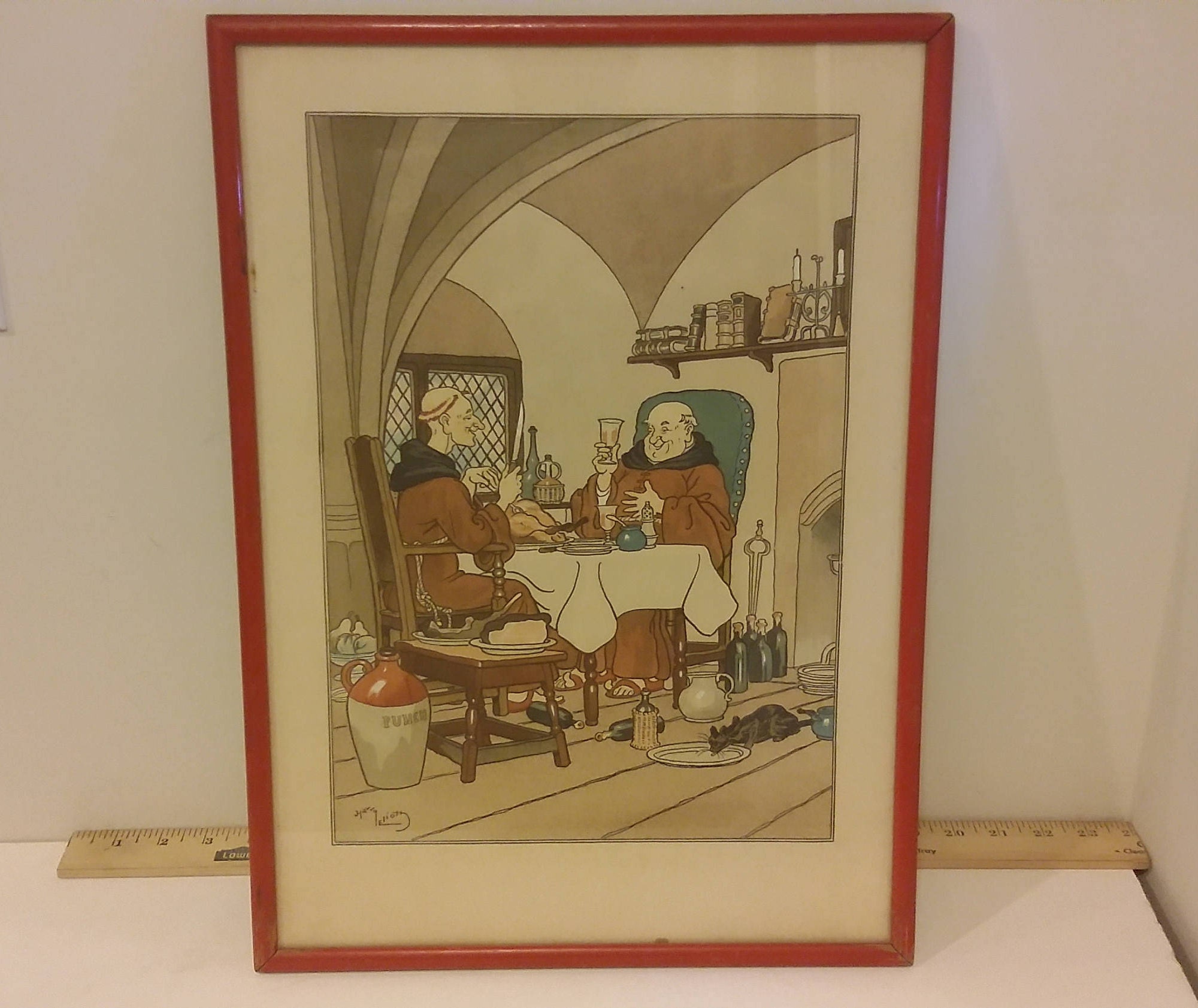 Vintage Harry Eliott (1882-1959) Colored Stencil Monk Print, 1940's or 50's