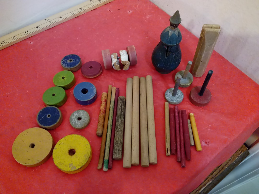 Vintage Children's Building Toy Pieces, Wooden Wheels, Rods, and Other ...
