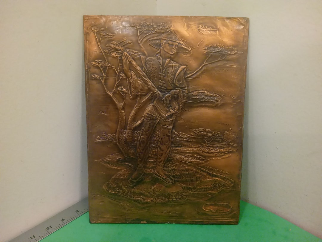 Vintage Oriental Copper Relief Wall Art Plaque Nature Scene Chinese Man ...