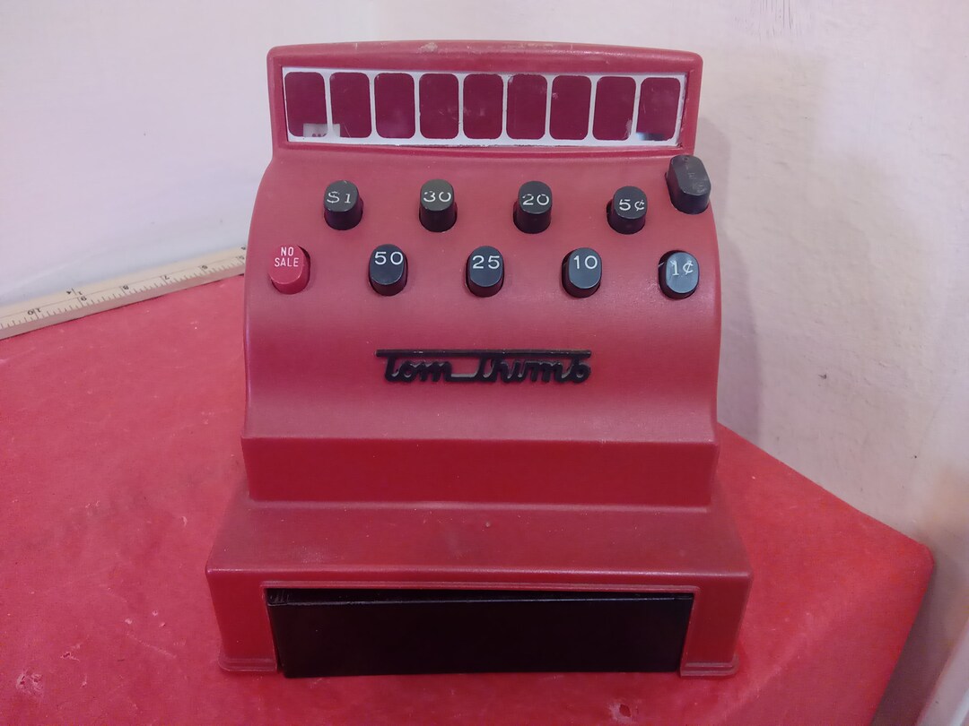 Vintage Pretend Play Toy, Cash Register, Red Plastic Top/metal Bottom ...