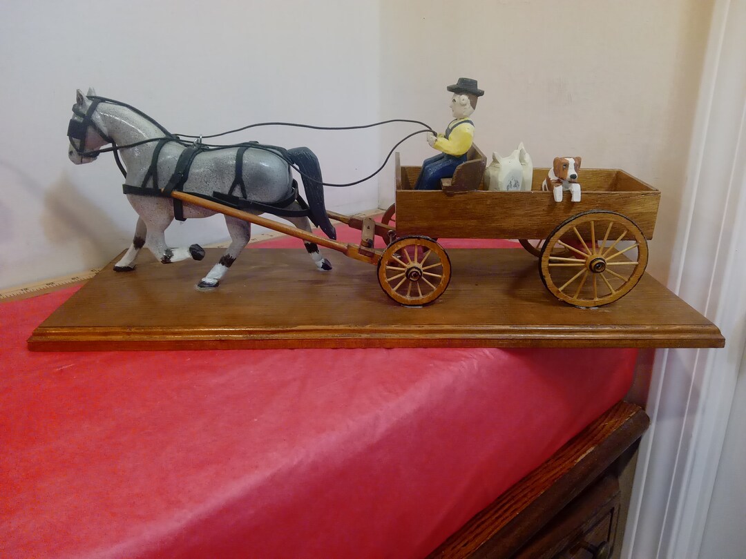 Vintage Carved Amish Driver With Horse, Wagon, and Dog With Feed Bags ...