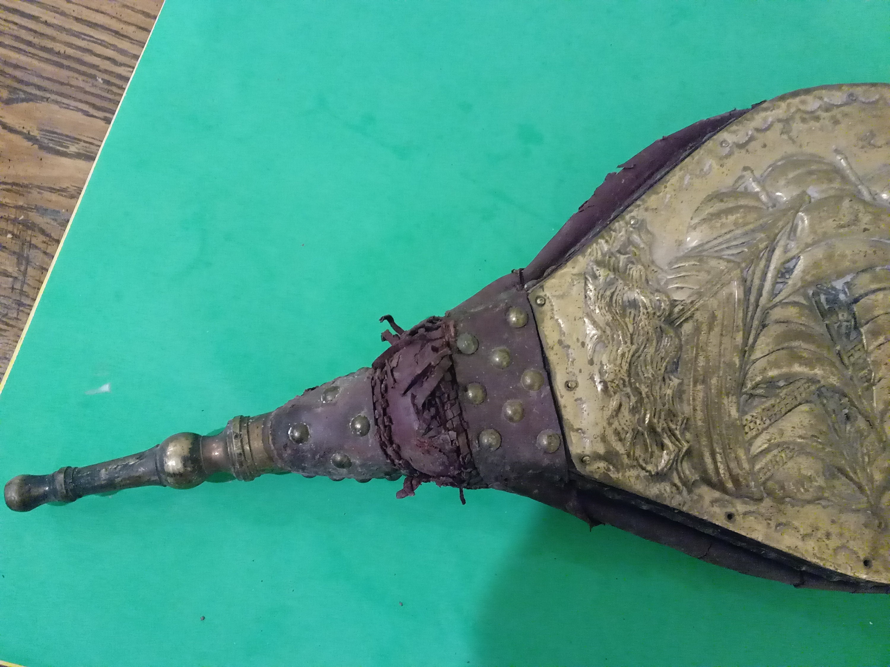 Vintage Fireplace Bellows with Ship Design, Leather and Copper, 1920's