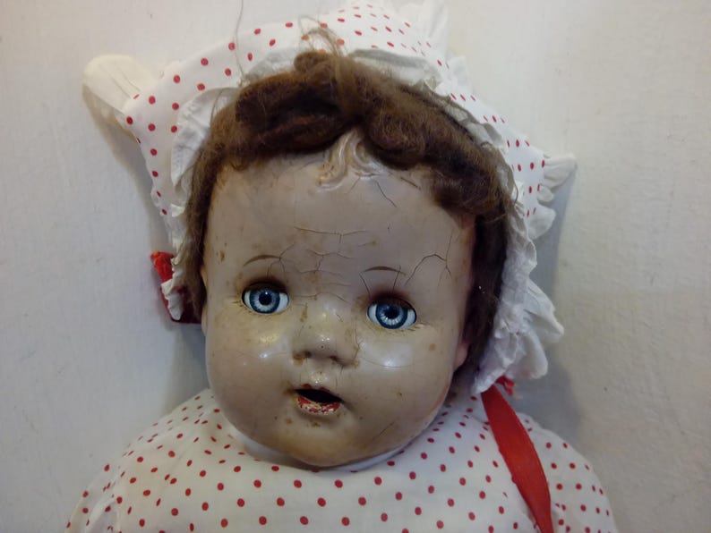 Vintage Composite Doll, Girl Composite Doll in Red Polka Dotted Dress ...