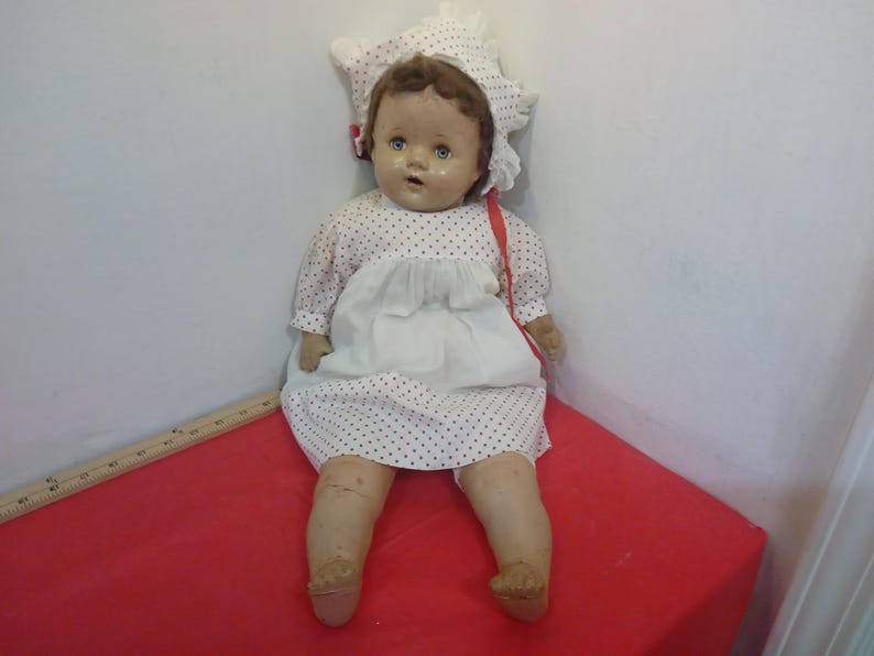 Vintage Composite Doll, Girl Composite Doll in Red Polka Dotted Dress ...