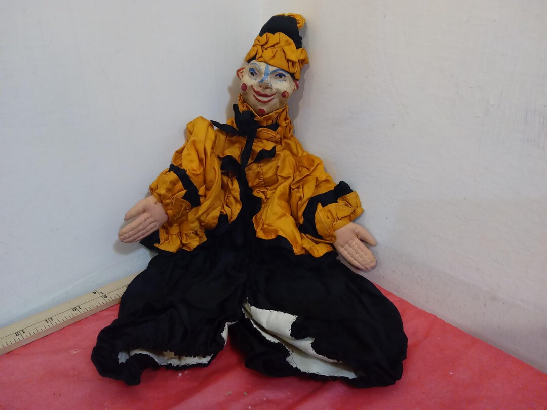 Vintage Hand Puppet, Clown Black and Gold Paper Mache Head, Hand ...