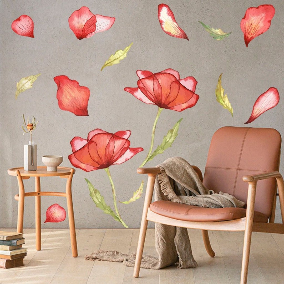 Red Flower Wall Sticker Flower Plant Wall Decal Watercolor - Etsy