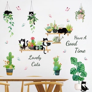 Cat Plant Wall Stickers, Black Cat Decals, Hanging Plants and Cat ...