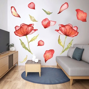 Red Flower Wall Sticker Flower Plant Wall Decal Watercolor - Etsy