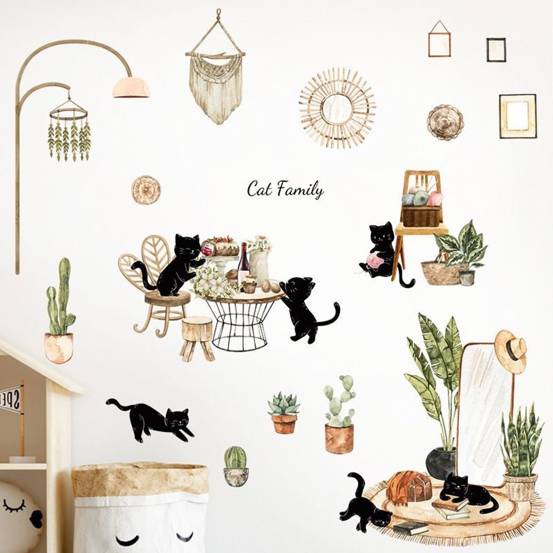 Cat Plant Wall Stickers, Black Cat Decals, Hanging Plants and Cat ...