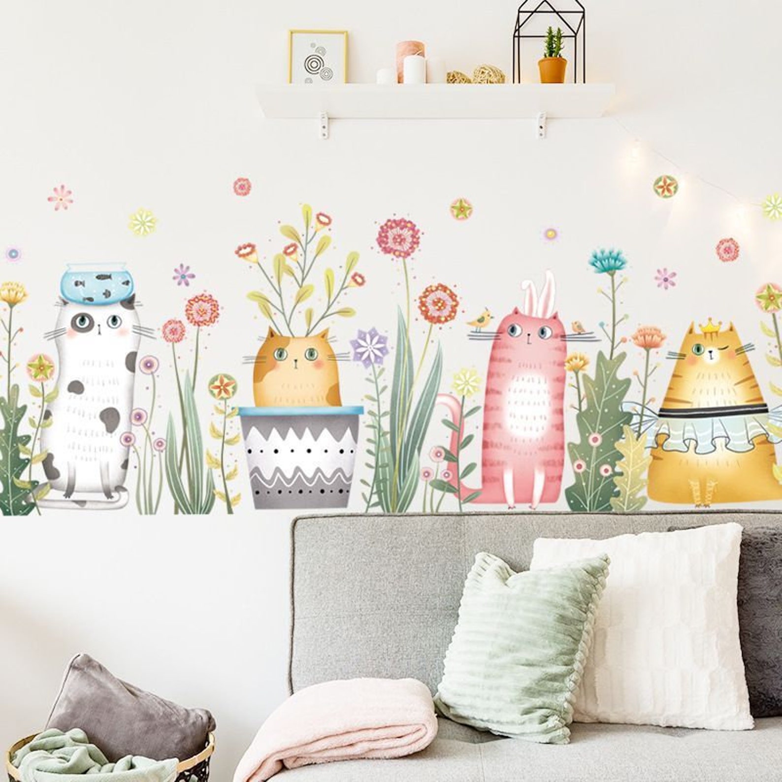 Cute Cat Wall Stickers Jungle Plants and Cat Decals Plant Wall - Etsy