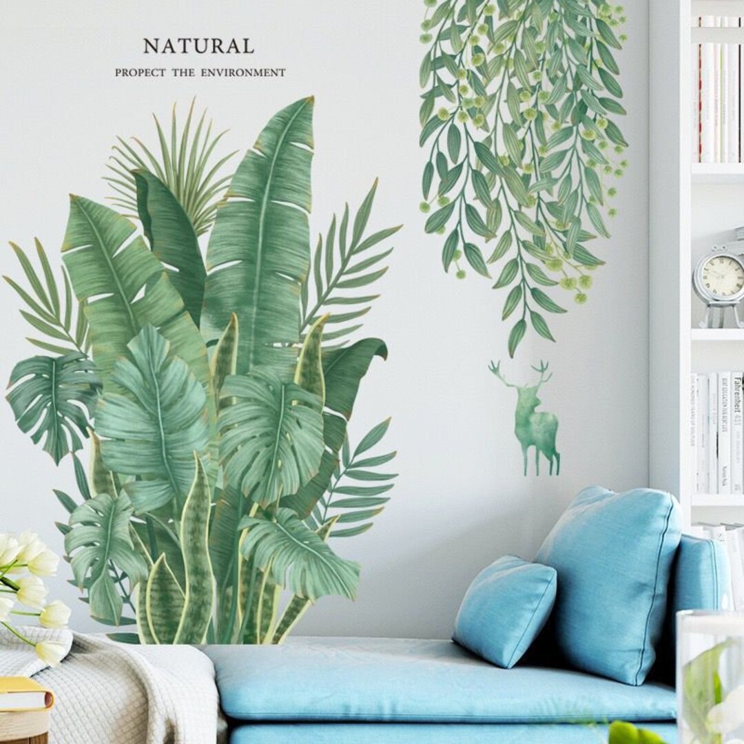 Green Leaf Wall Sticker Bedroom Self-stick Fresh Plant Wall Decal ...