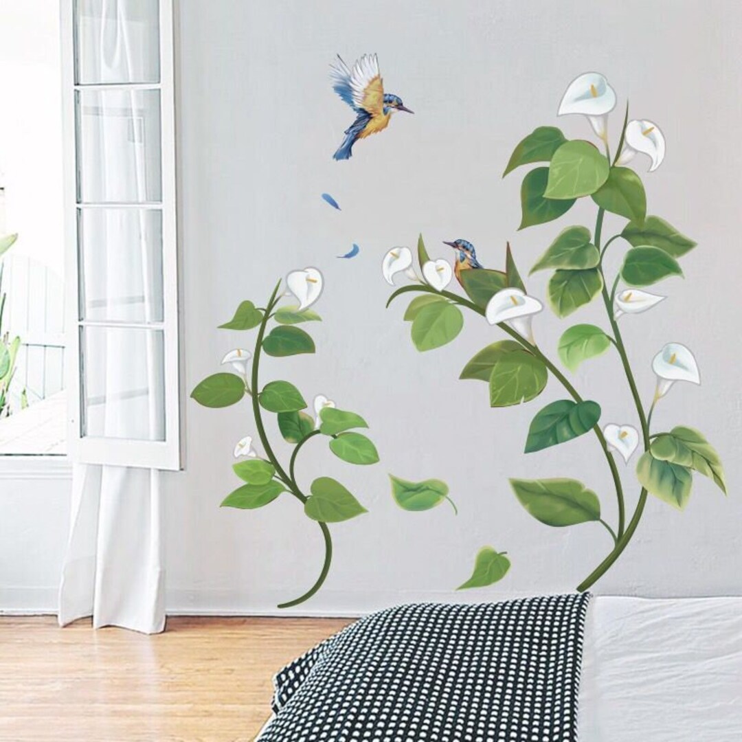 Wall Decal Fresh Green Leaf and Purple Flowers Wall Stickers - Etsy