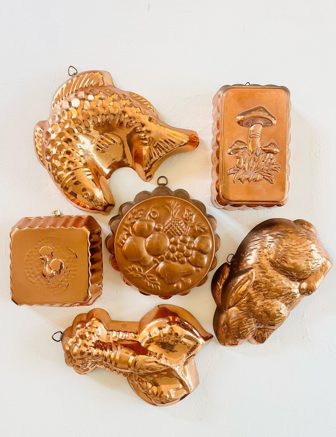 Vintage Copper Molds | Bunny, Mushroom, Lobster, Fish, Rooster, Fruit ...