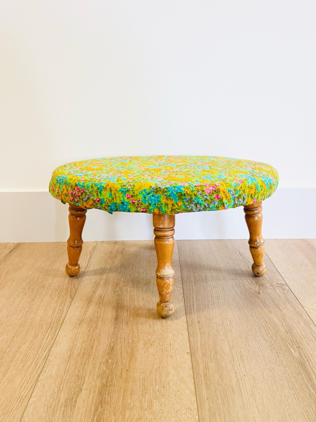 Vintage Floral Wooden Small Footstool Recovered Oval 4 Legged Colourful ...